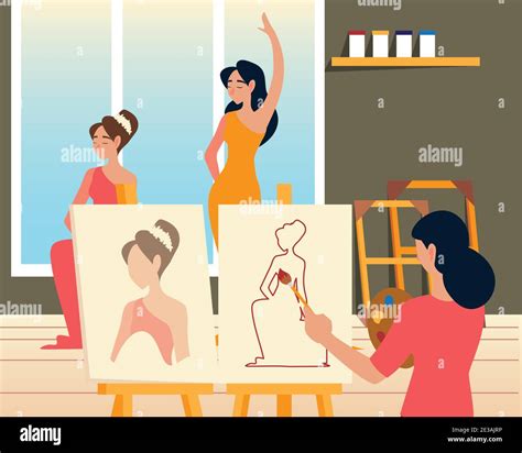 Paint Class Art Woman Student With Brush Painting A Models Canvas In Studio Stock Vector Image