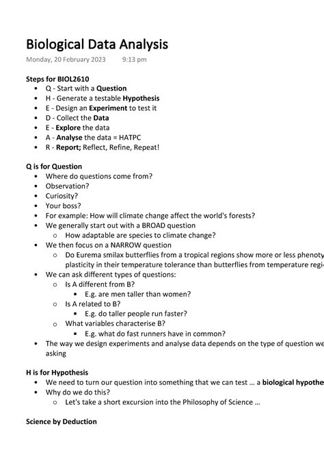 Biological Data Analysis Steps For BIOL Q Start With A Question H Generate A Testable