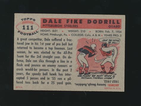 1956 Topps Football 111 Dale Dodrill Pittsburgh Steelers Crease