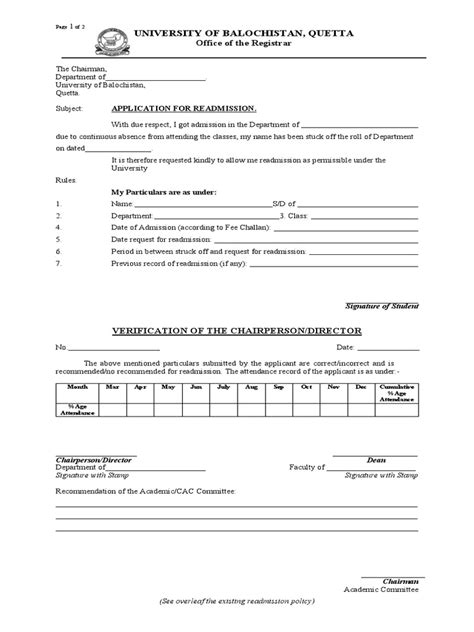 Uob Application For Re Admission Pdf