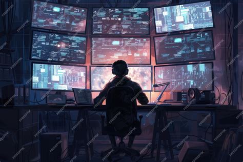 A Hacker Focuses Intently On Multiple Computer Screens While Working Late At Night In A Dimly