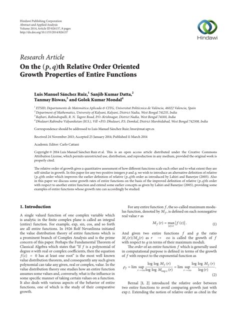 Pdf On The P Q Th Relative Order Oriented Growth Properties Of Entire Functions