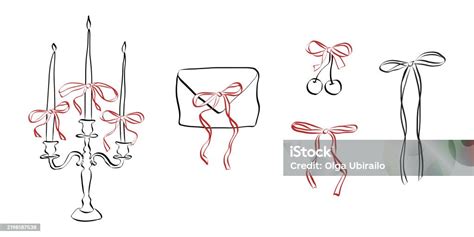 요염한 미학 요소의 손으로 그린 라인 아트 리본과 리본이 달린 빈티지 캔들은 심플한 크레용과 스케치 스타일입니다 발렌타인 데이와 초대장의 상징 낙서 벡터 일러스트 레이 션