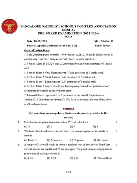 Xii Cbse Applied Maths Bssca Prelim 1 Set A 2023 24 Pdf