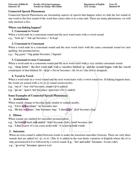 Handout 9 Connected Speech Pdf Consonant Oral Communication