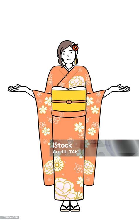 신년이나 성인식 졸업식 결혼식 등에서 하츠모데 곤란한 후리소데의 여자가 어깨를 으쓱하고 손을 벌리고 Hatsumode에 대한