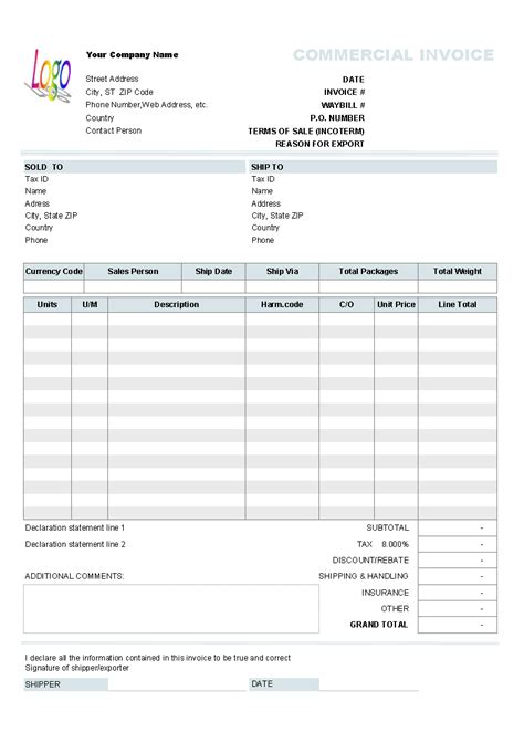 Commercial Invoice Template Excel