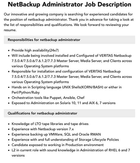 Netbackup Administrator Job Description Velvet Jobs