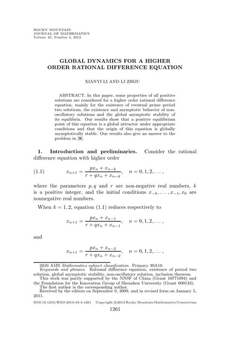 Pdf Global Dynamics For A Higher Order Rational Difference Equation