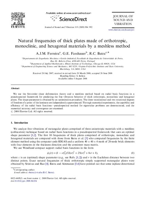 Pdf Natural Frequencies Of Thick Plates Made Of Orthotropic Monoclinic And Hexagonal
