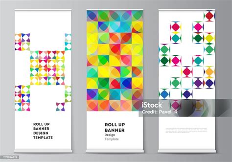 롤업 배너 스탠드 수직 전단지 플래그 디자인 비즈니스 템플릿의 벡터 일러스트 레이아웃 추상 배경 밝은 원 기하학적 모양과 기하학적 모자이크 패턴 개념에 대한 스톡 벡터 아트