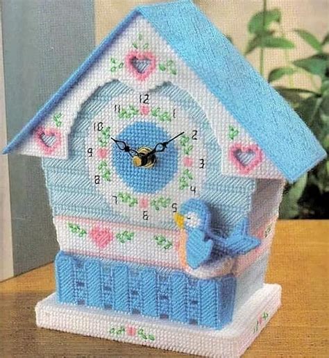 Vintage Plastic Canvas Pattern Bluebird Hearts Picket Fence House