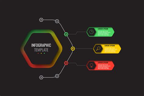 검은 배경에 얇은 선 아이콘이있는 세 가지 사실적인 육각형 요소가있는 비즈니스 인포 그래픽 템플릿 종이에 기하학적 구멍이 있는 현대적인 다이어그램 프레젠테이션을 위한 벡터