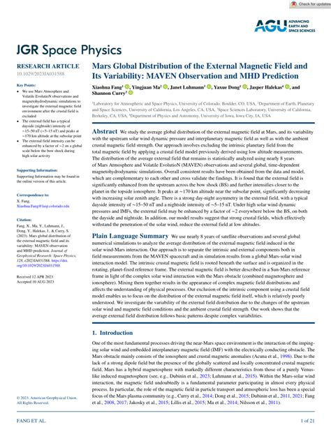 Pdf Mars Global Distribution Of The External Magnetic Field And Its Variability Maven