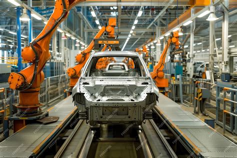 Automobile Assembly Line Production Automated Robot Arm Welding In A Car Factory Industrial