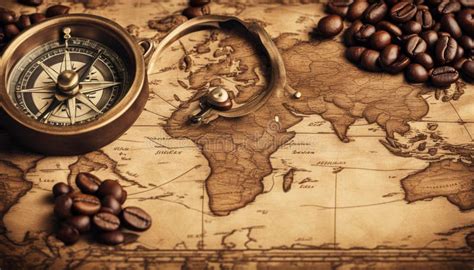 Coffee Beans And Vintage Compass On An Old World Map Trade And