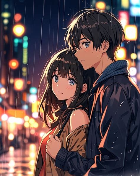Anime Couple In The Rain Premium Ai Generated Image