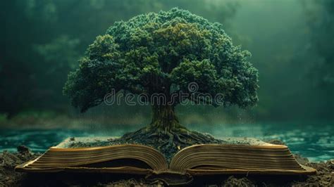 Tree Growing From An Open Book In A Magical Forest Concept Of Knowledge And Nature Stock Photo