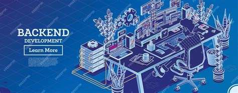 Premium Vector Backend Development On Computer Working Programmer Sit On Chair With Wheels In