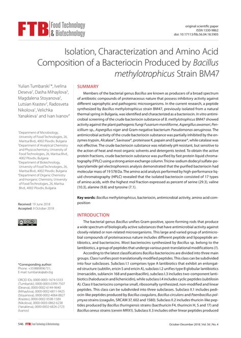 Pdf Isolation Characterization And Amino Acid Composition Of A Bacteriocin Produced By