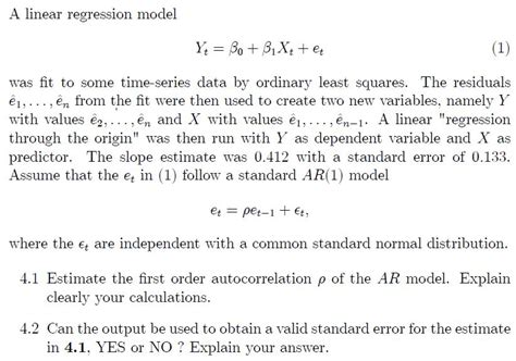 Solved A Linear Regression Model Y T Beta 0 Beta 1 X T Chegg Com