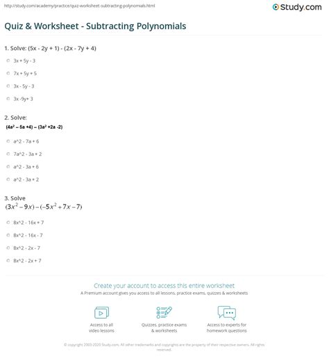 Quiz Worksheet Subtracting Polynomials Study