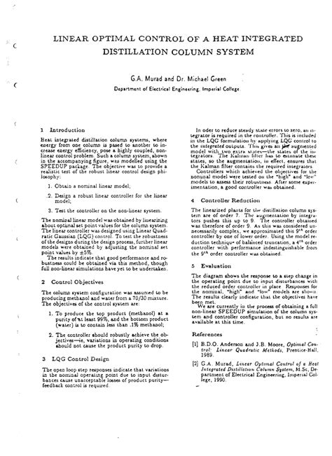 Pdf Linear Optimal Control Of A Heat Integrated Distillation Column