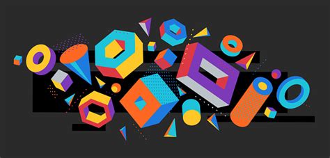 어두운 배경 밝은 긍정적 인 차원 디자인 요소 상자 와 실린더 및 기타 모양간단한 세련된 그림에 다채로운 3d 모양 벡터 구성 3차원 형태에 대한 스톡 벡터 아트 및 기타