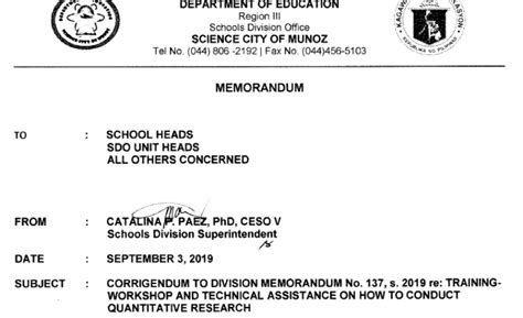 Corrigendum To Division Memorandum No 137 S 2019 Re Training