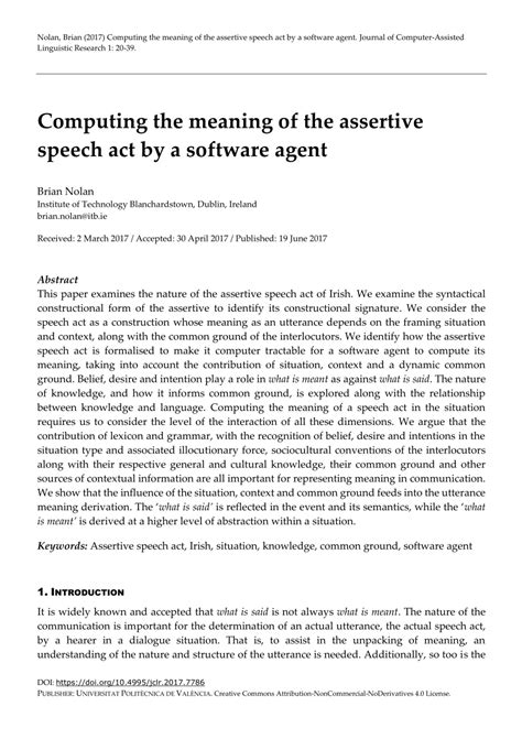 Pdf Computing The Meaning Of The Assertive Speech Act By A Software Agent
