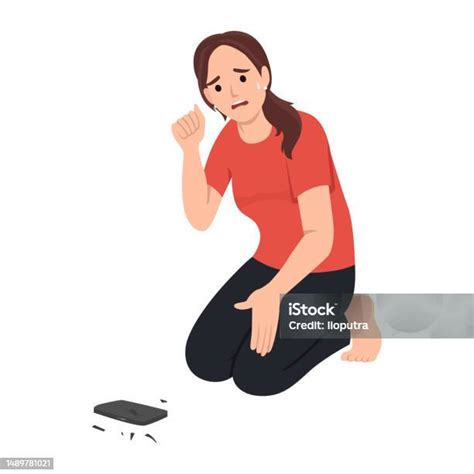 바닥에 고장난 휴대폰 때문에 울고 있는 슬픈 여자 스트레스를 받은 소녀 깨진 화면 평면 벡터 그림이 있는 스마트폰 배너에 대한 기술 기술 중독 개념 개념에 대한 스톡 벡터