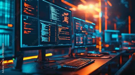 Cybersecurity Operations In A Dark Room With Multiple Monitors Stock