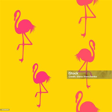원활한 플라밍고 패턴 벡터 일러스트레이션 마젠타 플라밍고 패턴 노란색 배경입니다 여름 배경 화면 배경 만화 벡터 일러스트 레이션 귀여운에 대한 스톡 벡터 아트 및 기타