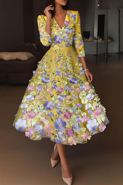 A Line Tea Length Cocktail Dresses Elegant Vintage Floral Half Sleeve V