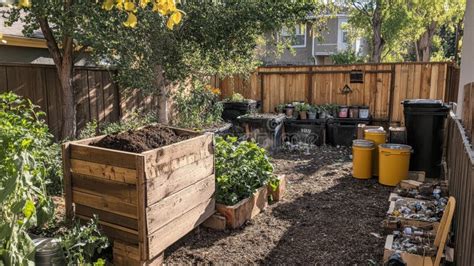Urban Backyard Compost Setup With Wooden Compost Bins And Plants Stock