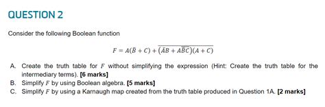 Solved Question 2 Consider The Following Boolean Function F