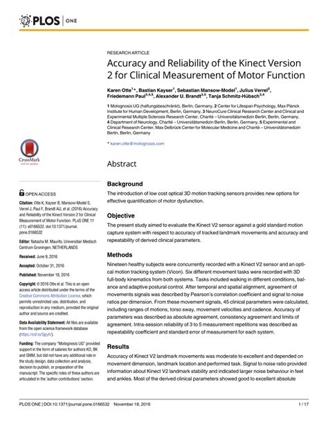 Pdf Accuracy And Reliability Of The Kinect Version 2 For Clinical Measurement Of Motor Function