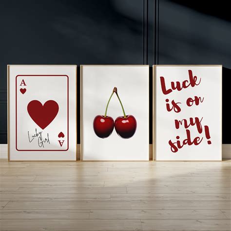 Lucky Girl Red 3 Piece Wall Art Set Ace Of Hearts Cherries Girly Art