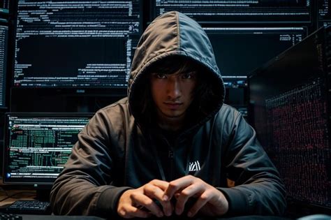 Premium Photo Hacker Programmer Who Sits In A Hoodie Behind A Computer With Many Screens In