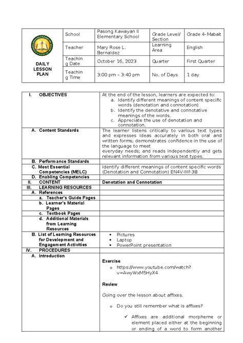 English Lesson Plan Denotation And Connotation Daily Lesson Plan School Pasong Kawayan Ii