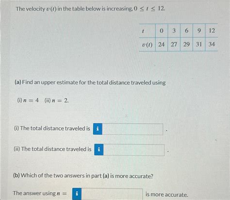 solved the velocity v t ﻿in the table below is increasing
