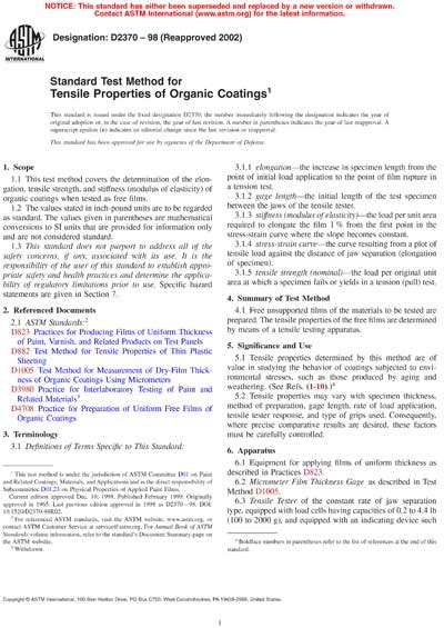 ASTM D2370 98 2002 Standard Test Method For Tensile Properties Of Organic Coatings
