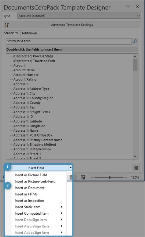 the [insert field] button in documentscorepack template designer