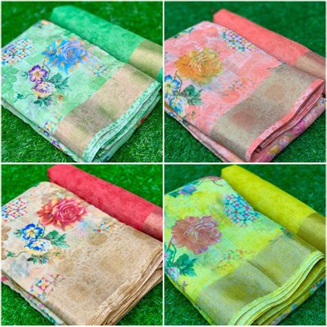 Digital Print Casual Wear Linen Flower Print With Jari Big Border Saree