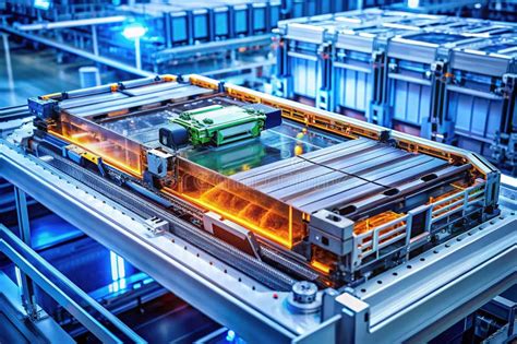 Futuristic Double Exposure Of An Ev Battery Module Assembly Line Highvoltage Battery Production