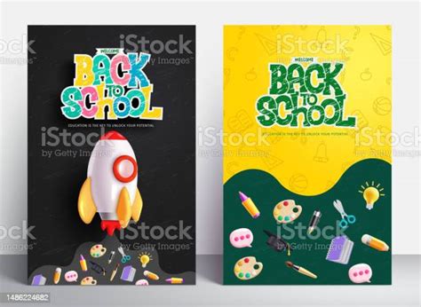 학교 벡터 세트 디자인으로 돌아갑니다 창의적인 미술 교육 용품 및 도구를 사용한 학교 텍스트로 돌아가기 Launch Party에