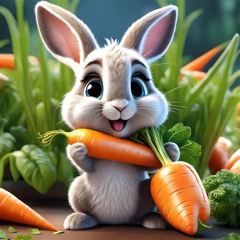 Cute Rabbit With Carrot 3d Cartoon Animation Premium Ai Generated Image