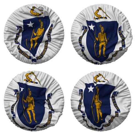 State Of Massachusetts Flag In Round Shape Isolated With Four Different