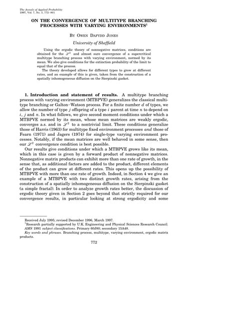 Pdf On The Convergence Of Multitype Branching Processes With Varying Environments