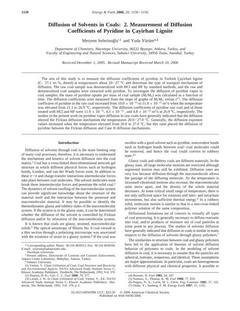 Pdf Diffusion Of Solvents In Coals 2 Measurement Of Diffusion Coefficients Of Pyridine In